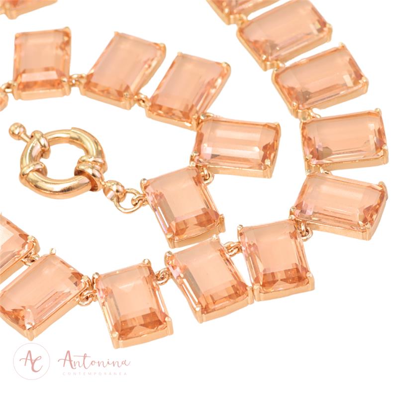 COLAR RIVIERA RETANGULAR MORGANITA BANHADO EM OURO 18K