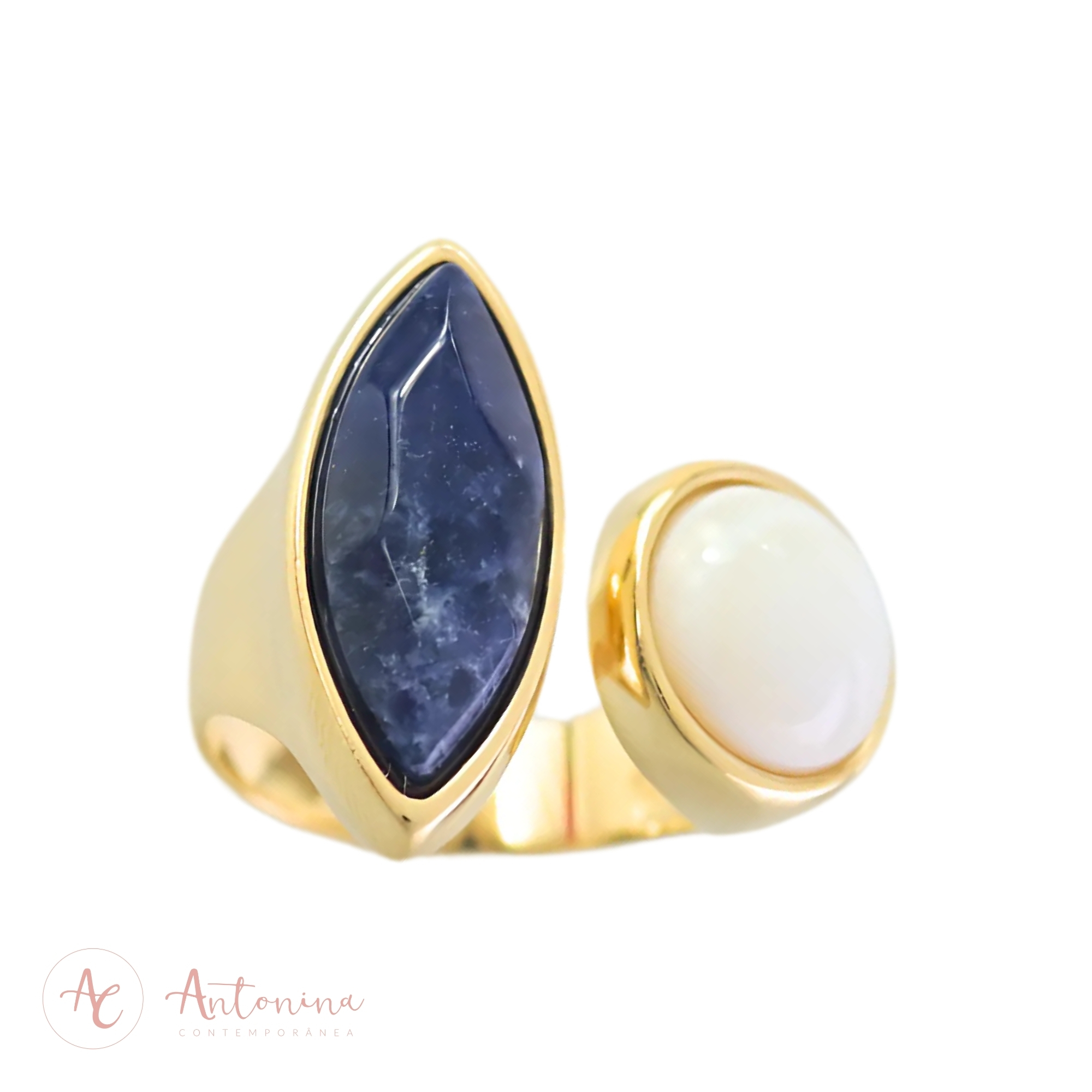 ANEL NAVETE MADRE PÉROLA E SODALITA BANHADO EM OURO 18K