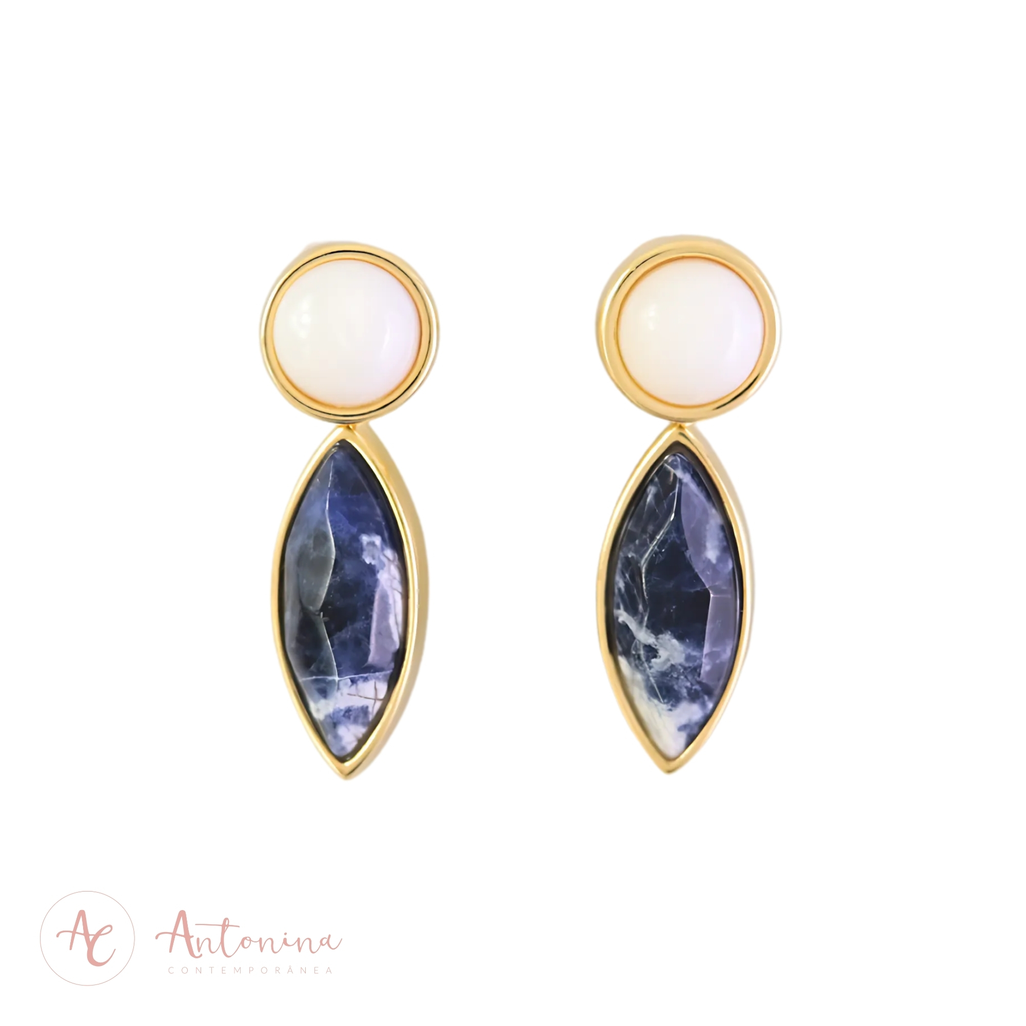 BRINCO PINGENTE NAVETE PEDRA NATURAL MADRE PÉROLA E SODALITA