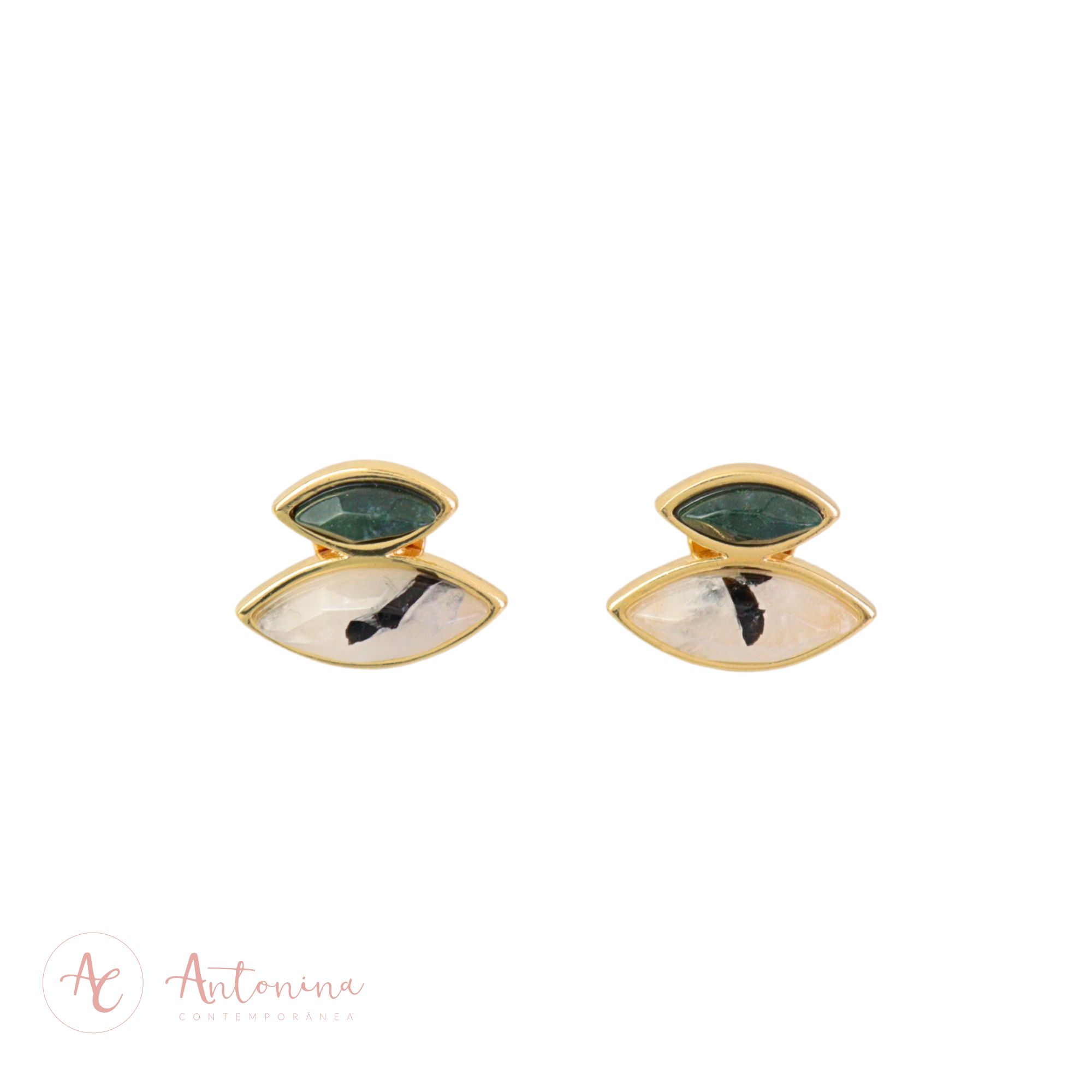 BRINCO DUPLO NAVETE RUTILO E QUARTZO VERDE