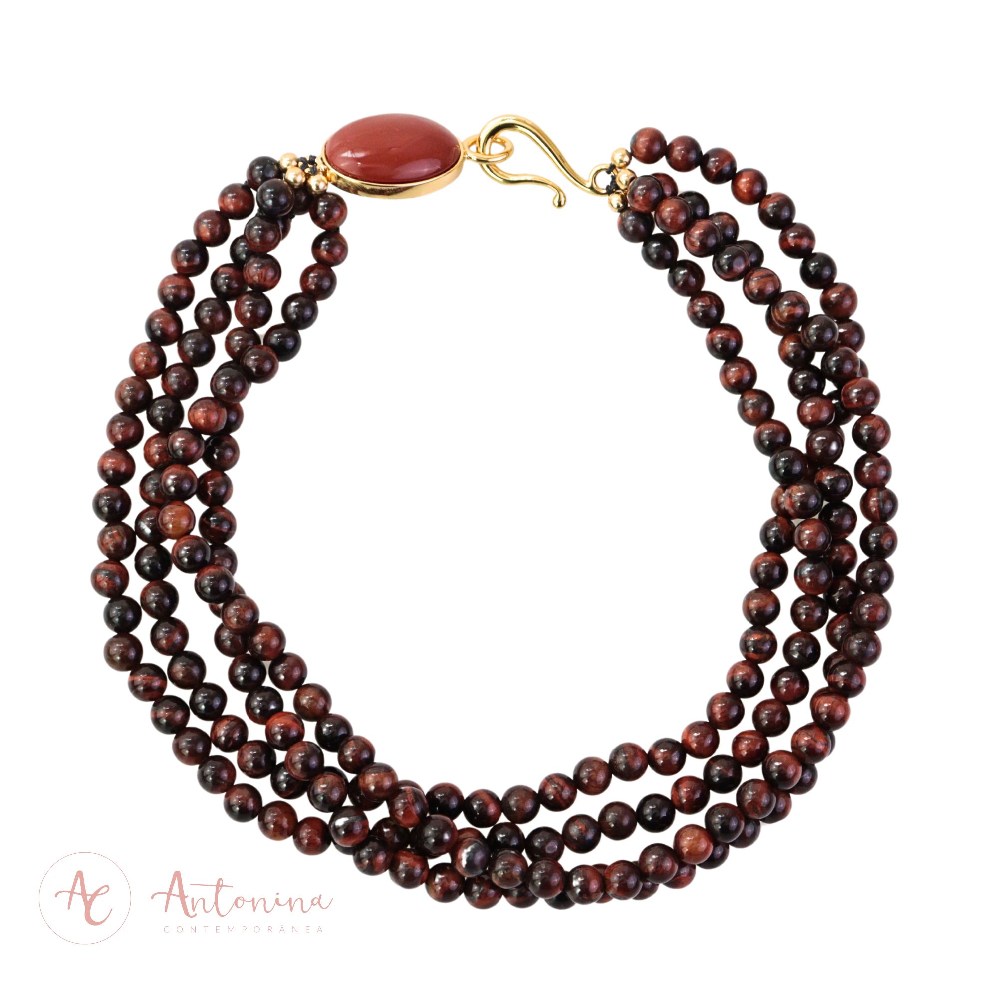 MAX COLAR 4VOLTAS OLHO DE TIGRE VERMELHO COM FECHO JASPE