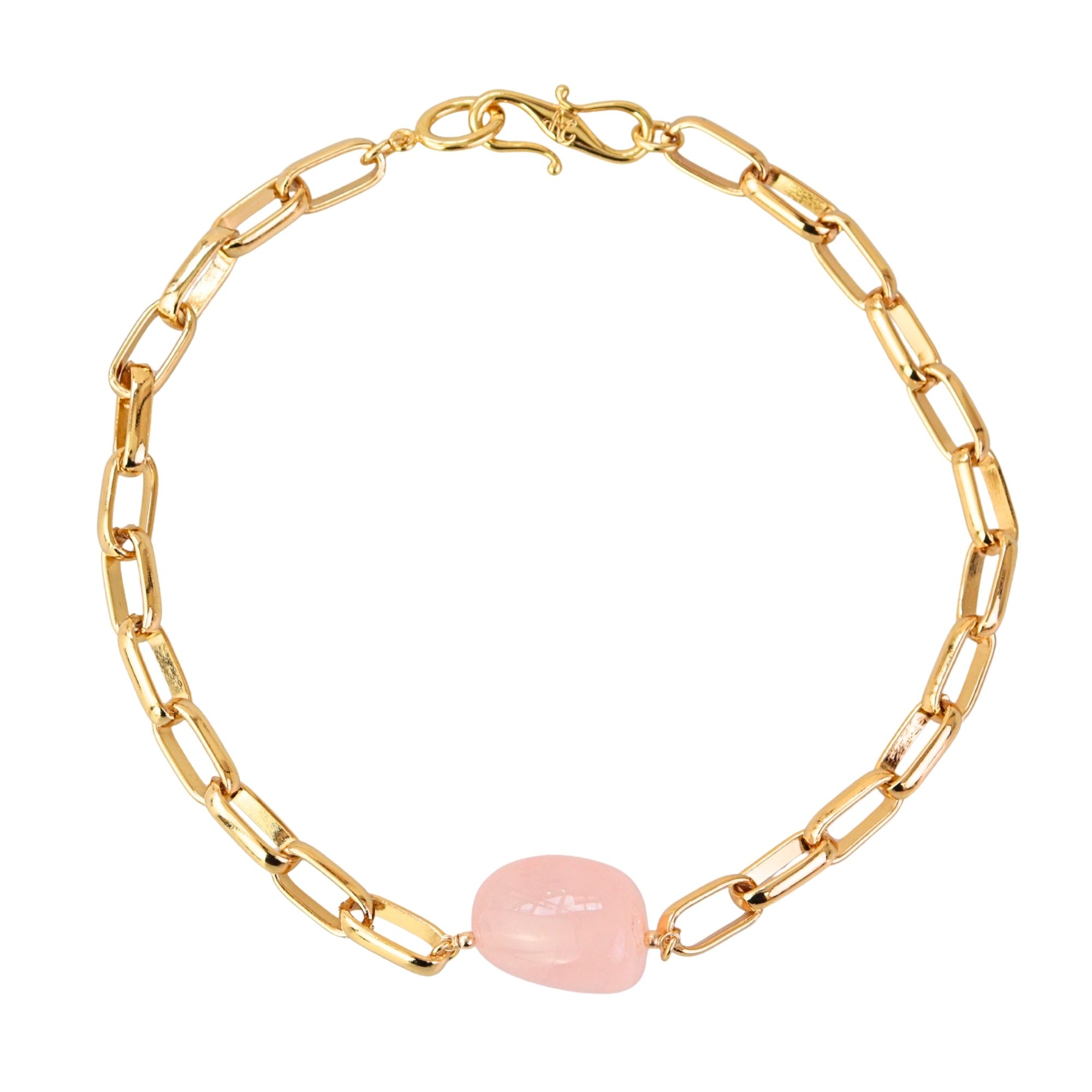 COLAR CURTO DE ELOS COM QUARTZO ROSA BANHADO EM OURO 18K